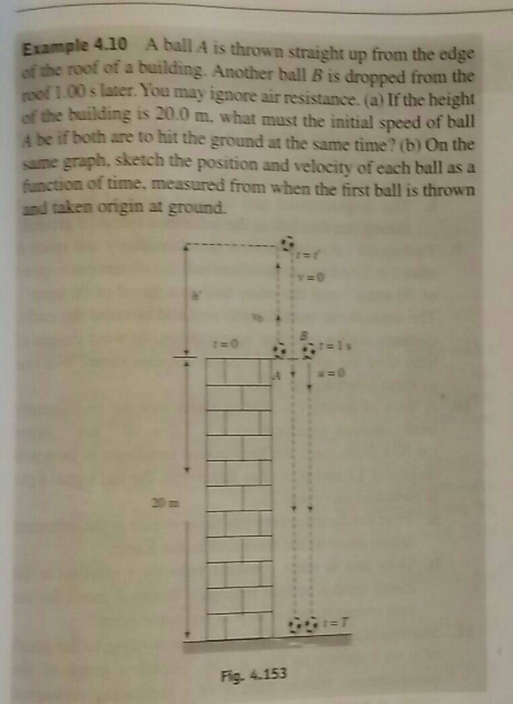 Example 4.10 A ball A is thrown straight up from the edge of the root of