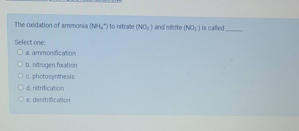 The oxidation of ammonia (NH4+ )to nitrate (NO3− )and nitrite (NO2− )is c..