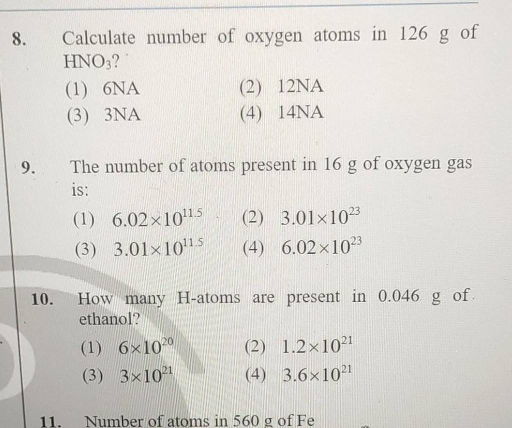 Calculate number of oxygen atoms in 126 g of HNO3 ? | Filo