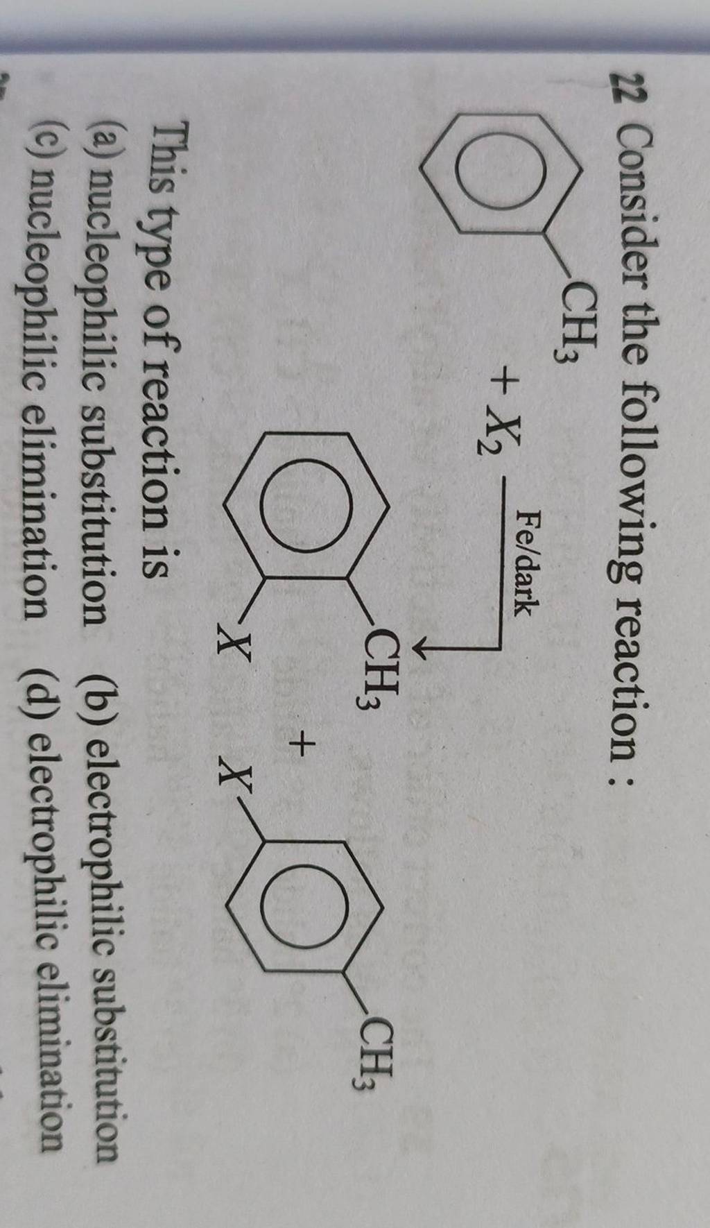 22 Consider the following reaction : +X_{2} Fe/dark This type of reaction..