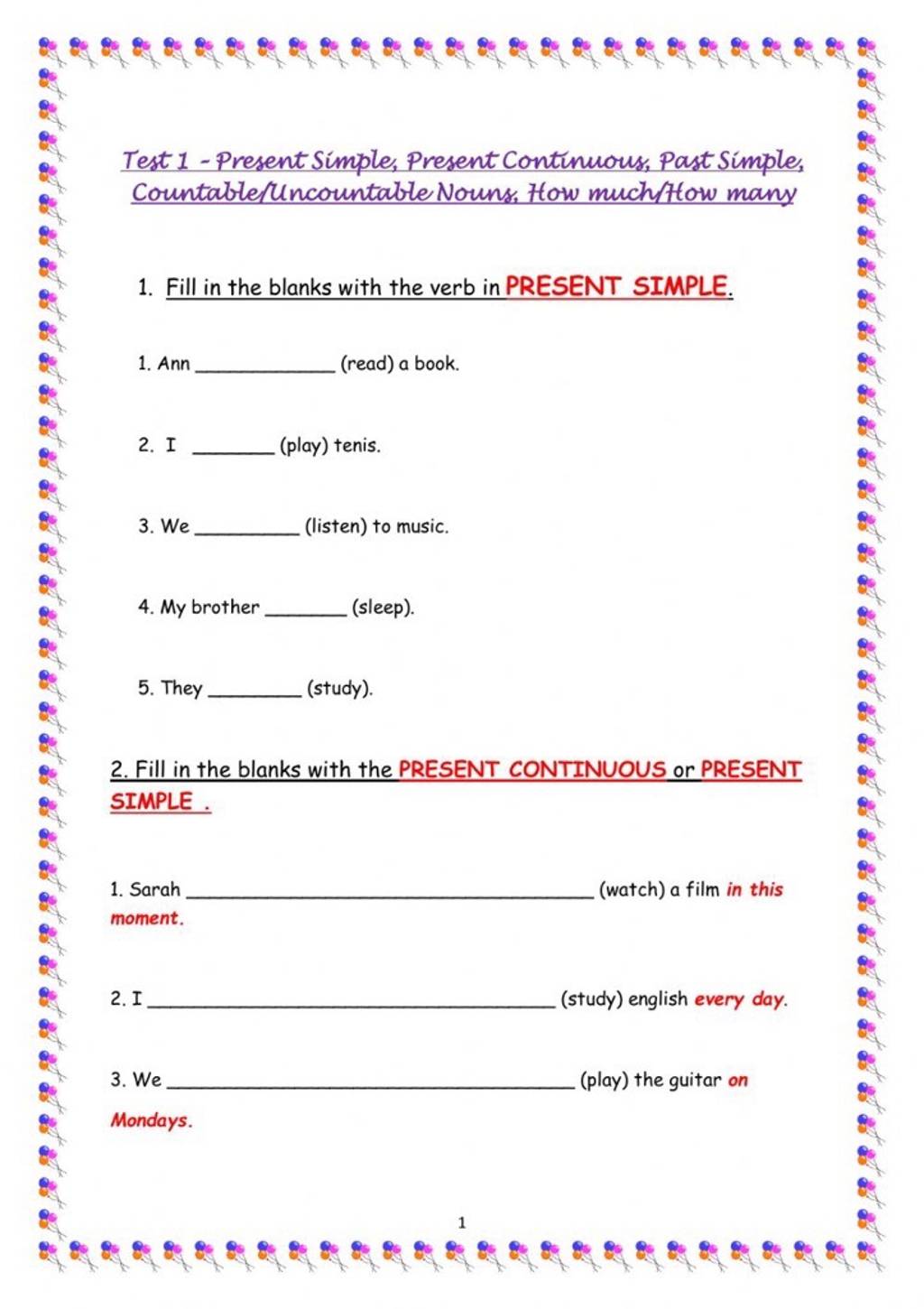 Test1-Present Simple, present Continuous, Past Simple, Countable/uncounta..