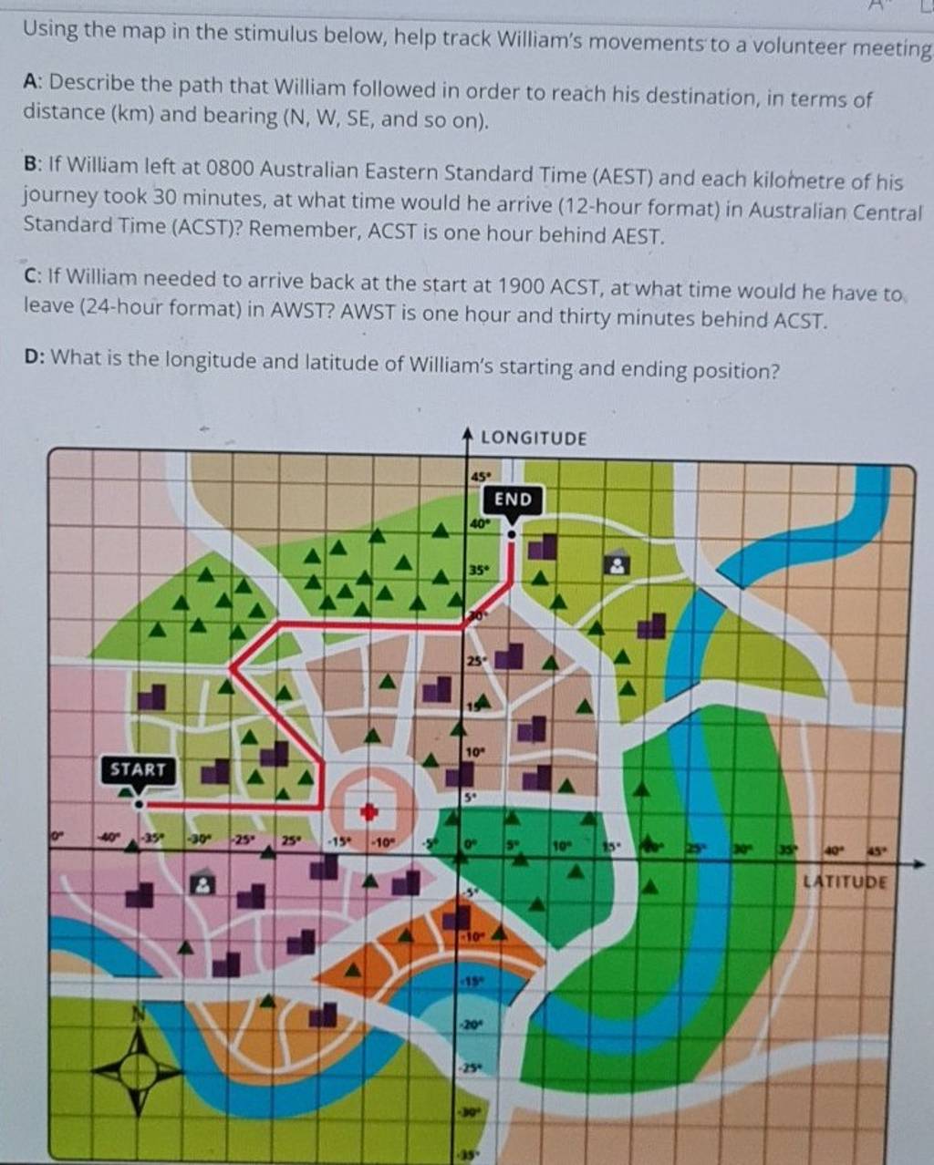 Using the map in the stimulus below, help track William's movements to a