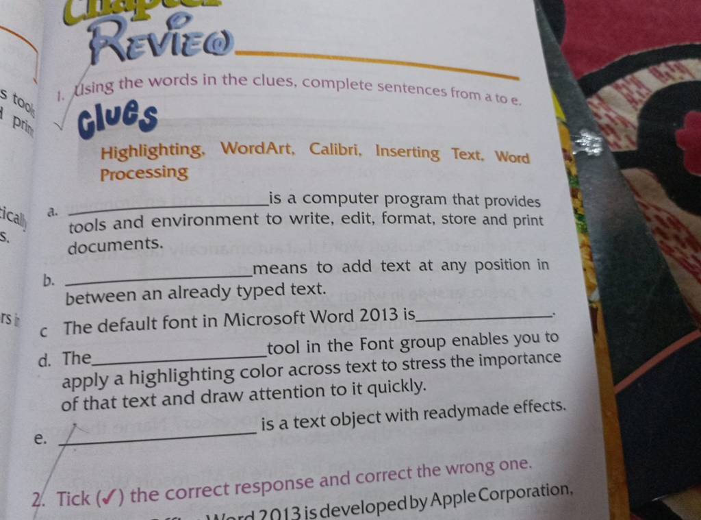 1. Using the words in the clues, complete sentences from a to e.,Highlig..