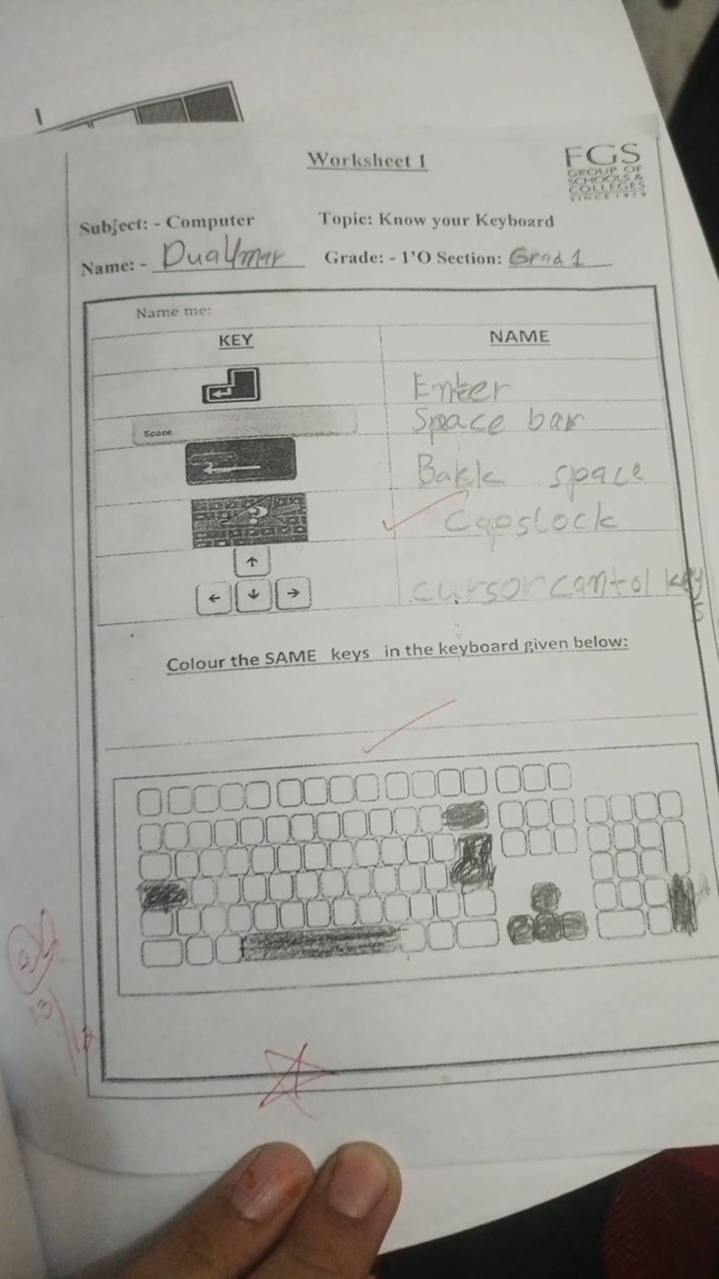 Topic: Know your KeyboardName: - Oualmar Grade:-1'O Section: Grad 1Name..