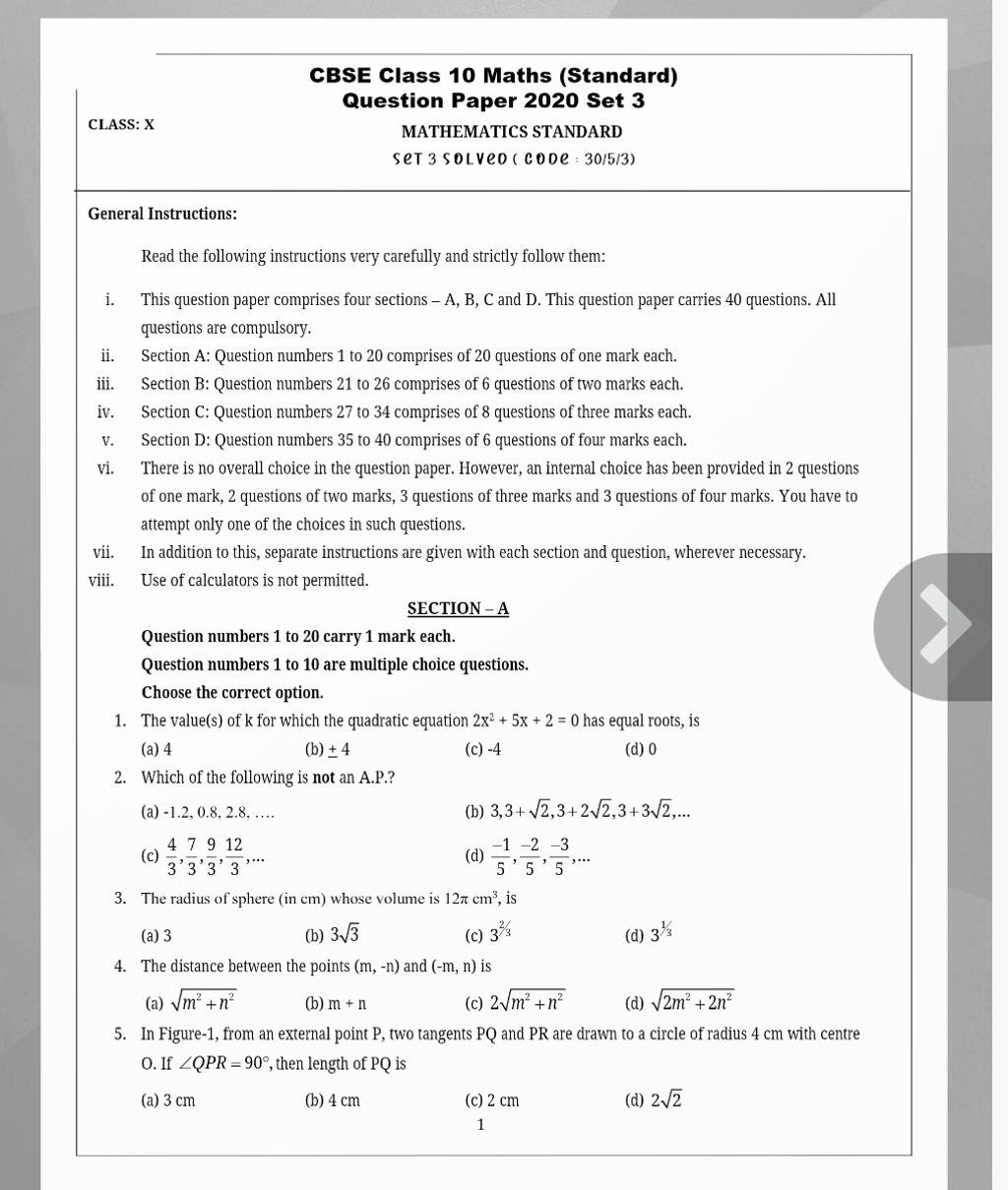 CBSE Class 10 Maths Standard Question Paper 2020 Set 3CLASS XMATHEMA 