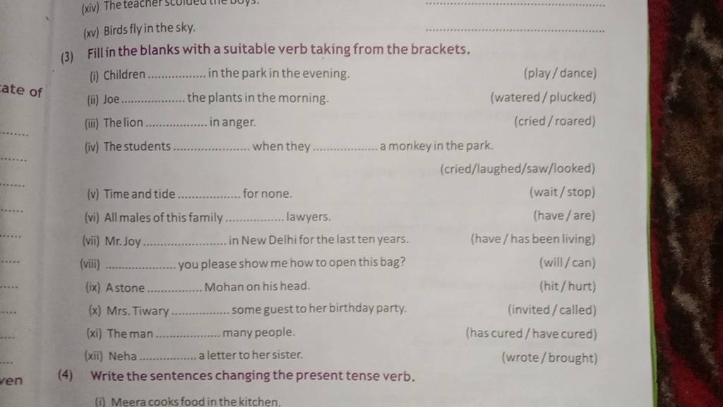 (xv) Birds fly in the sky.(3) Fill in the blanks with a suitable verb ta..