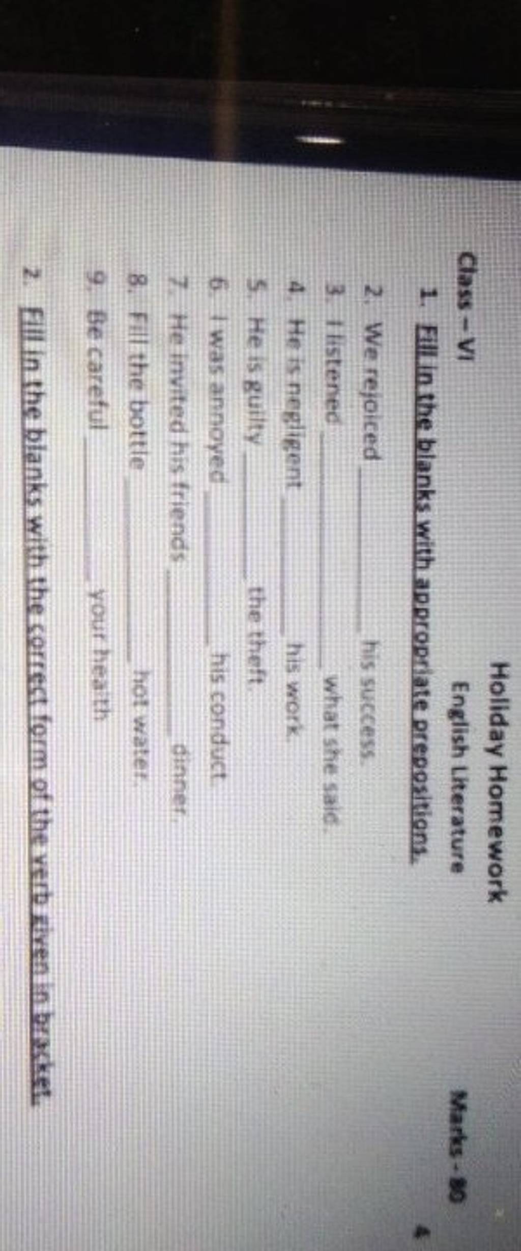 Holiday Homework Class - VI English Literature Marks - 80 | Filo
