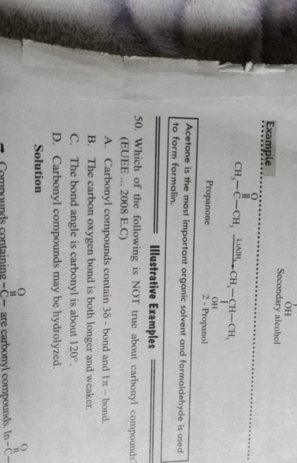Secondary alcohol Example Propanone Acetone is the most important organic..