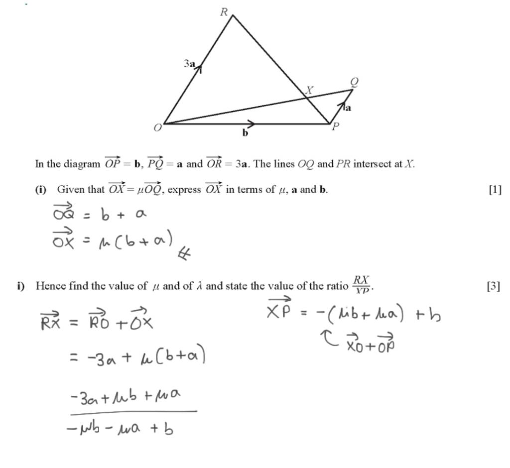 In the diagram OP=b,PQ =a and OR=3a. The lines OQ and PR intersect at X...
