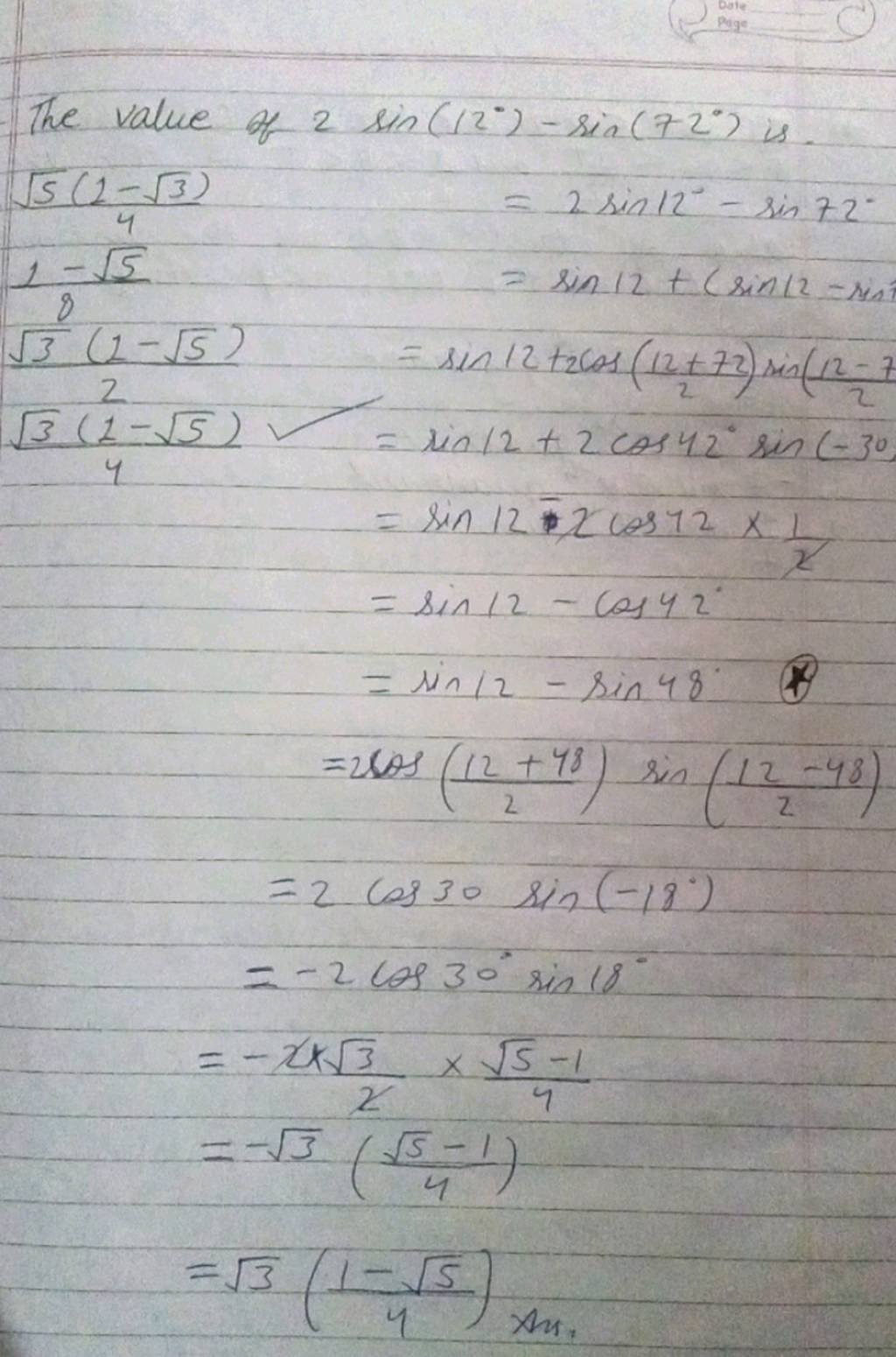 The Value Of 2sin 12 sin 72 Is 45 1 3 2sin12 sin72 81 5 sin1 