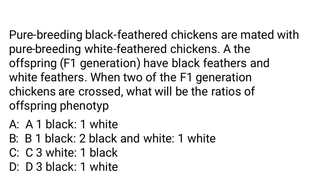 Pure-breeding black-feathered chickens are mated with pure-breeding white..