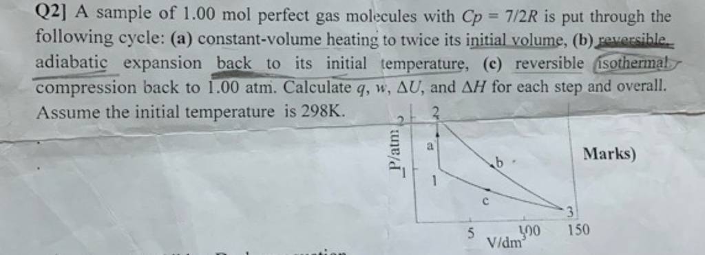 Q2] A sample of 1.00 \mathrm{mol} perfect gas molecules with C P=7 / 2 R