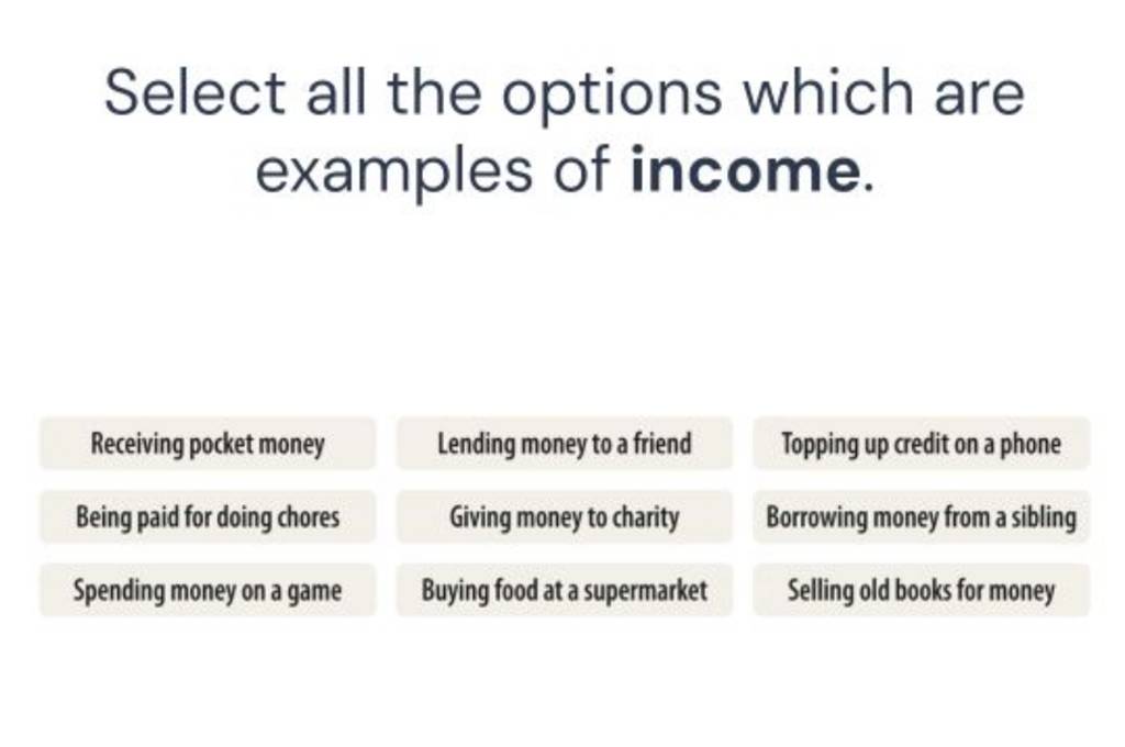 Select all the options which are examples of income.Receiving pocket mon..