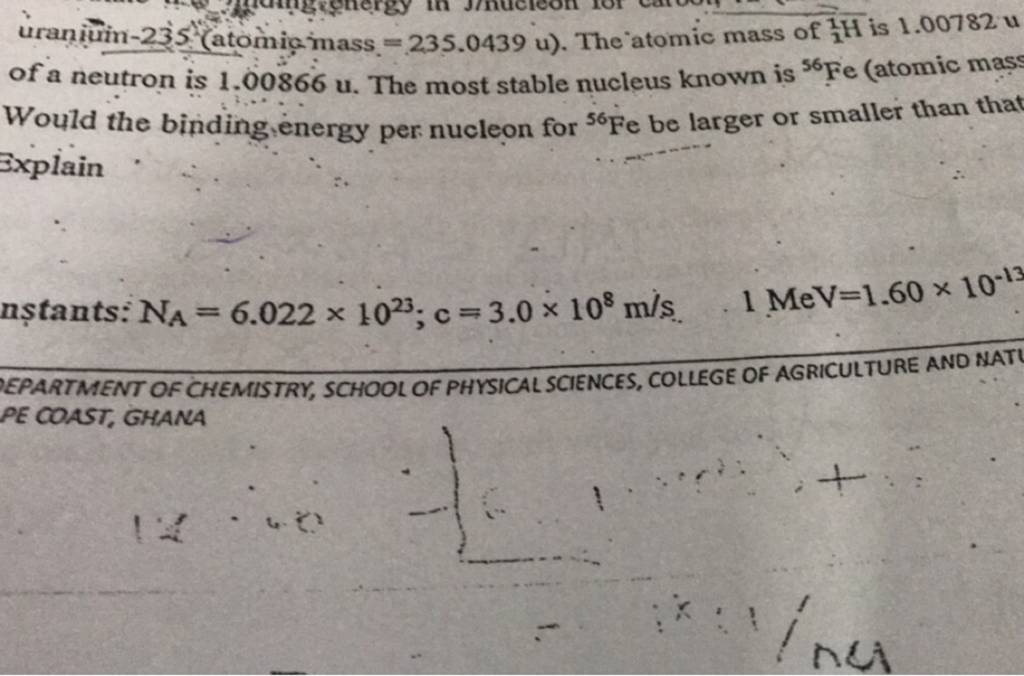uranium-23 23 (atomic mass =235.0439u ). The atomic mass of 11 H is 1.007..