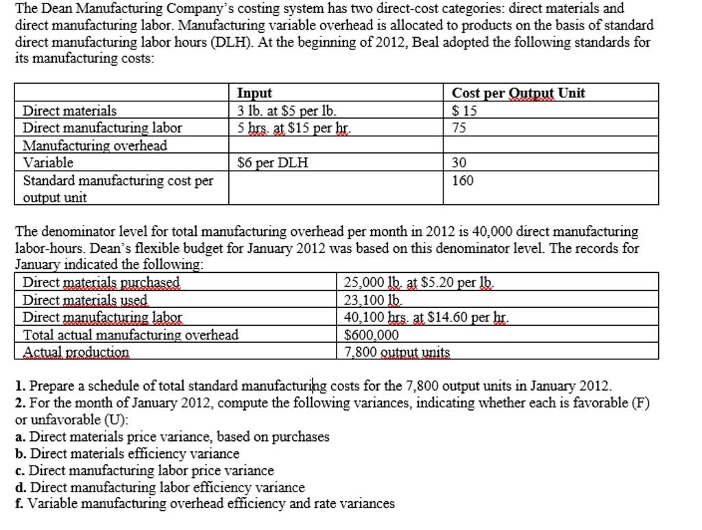 The Dean Manufacturing Company's costing system has two direct-cost categ..