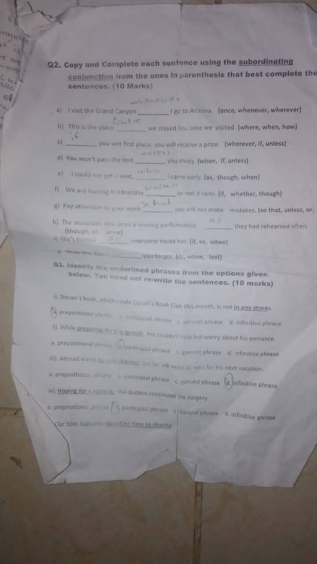 Q2. Copy and Complete each sentence using the subordinating conjunction f..