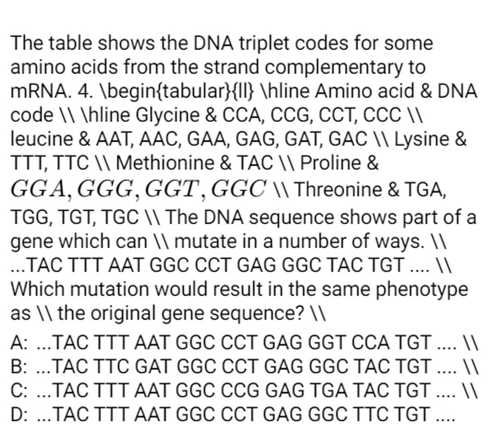 The table shows the DNA triplet codes for some amino acids from the stran..
