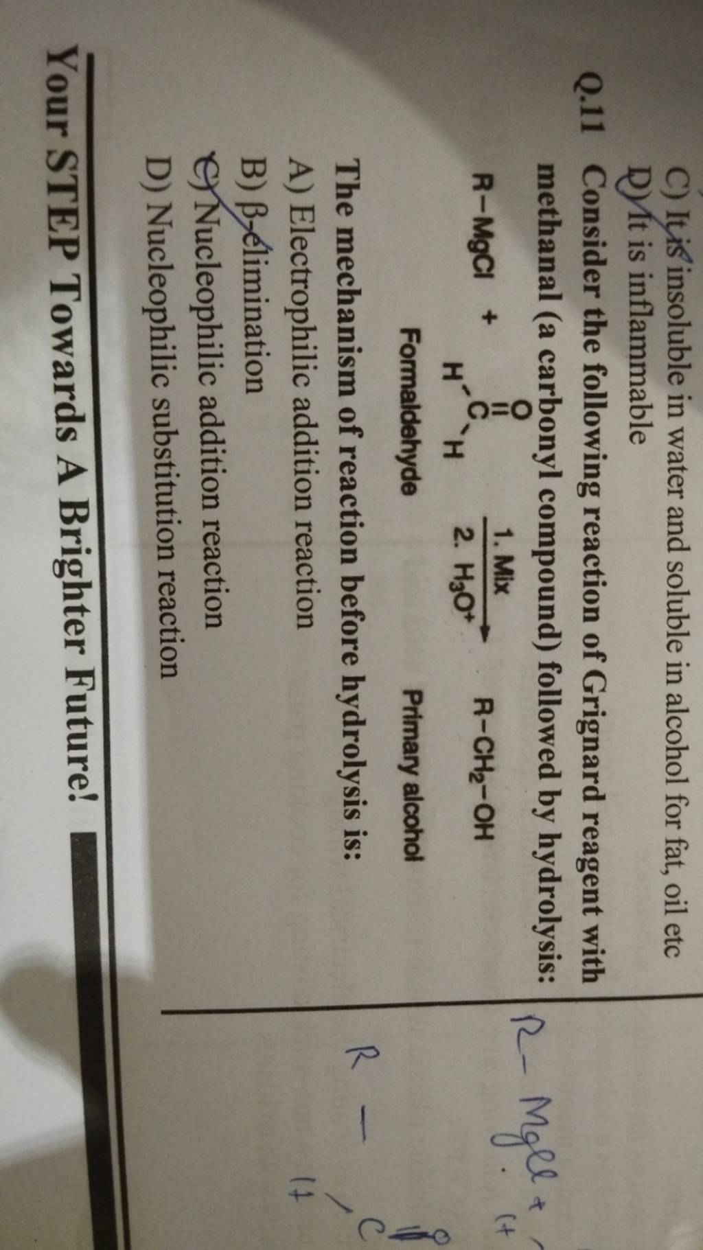 11 Consider the following reaction of Grignard reagent with methanal (a c..