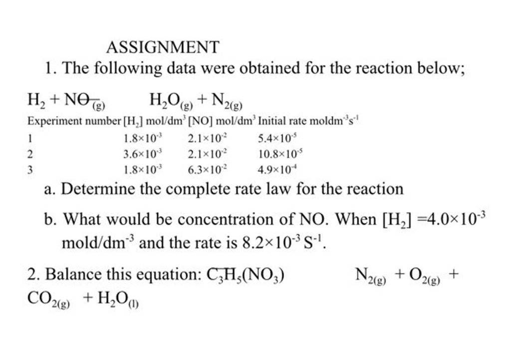ASSIGNMENT The following data were obtained for the reaction below; \math..