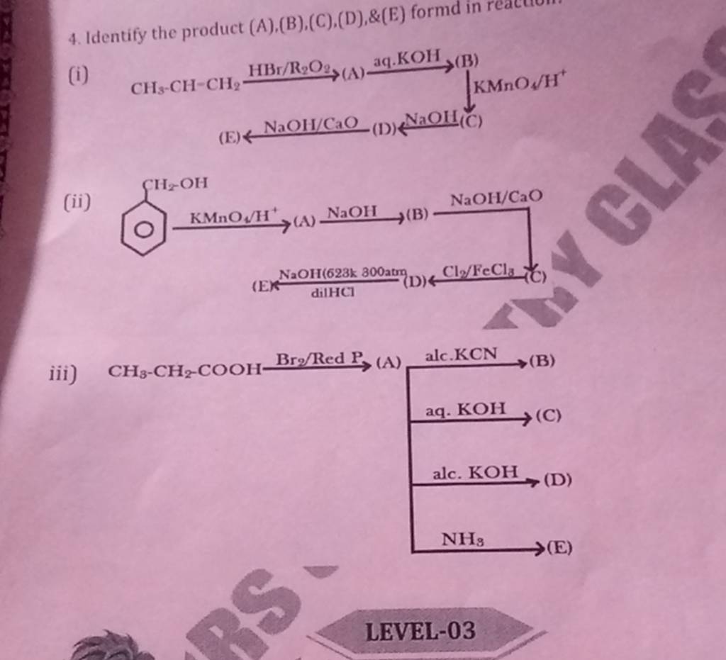 Identify the product (A),(B),(C),(D), \&(E) formd in reactuon (i) (ii) ii..