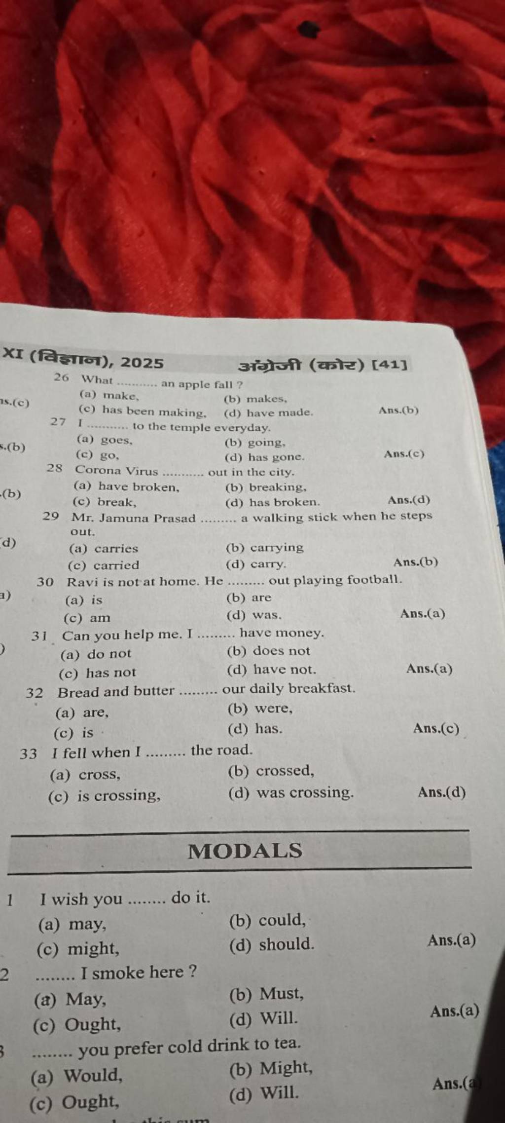 XI (विदाण), 2025अंग्रेजी (कोच) [41]26 What an apple fall ?(a) make,..