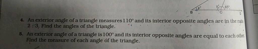 An exterior angle of a triangle measures 110^{\circ} and its interior opp..