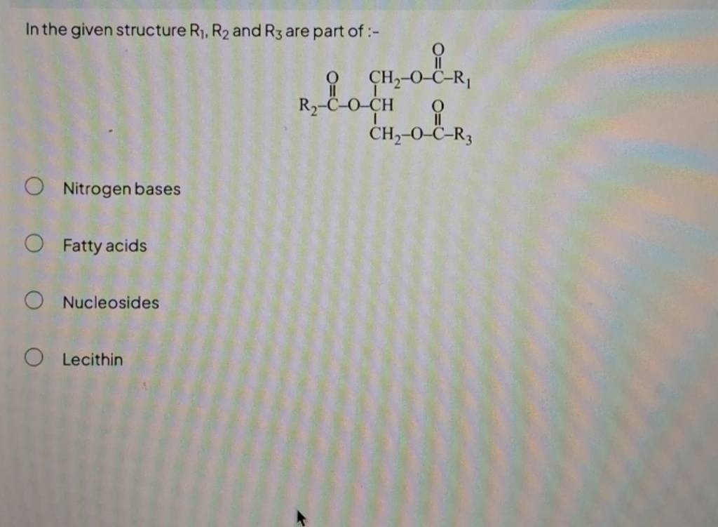 In the given structure R1 ,R2 and R3 are part of :-[R]C(=O)OCC(COC([R]..