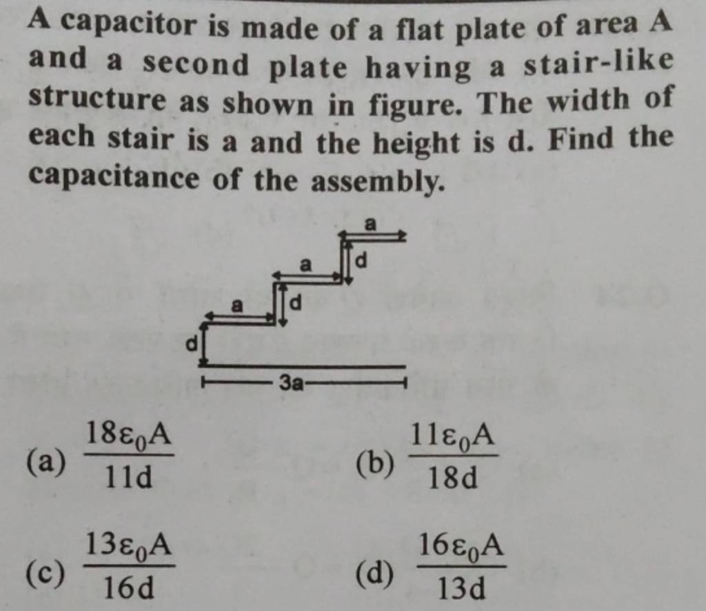 A capacitor is made of a flat plate of area A and a second plate having a..