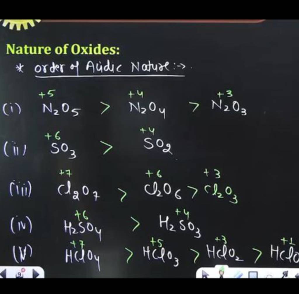 Nature of Oxides:* order of Acidic Nature:-(i) N2 O5 +5 > N2 O4 +4 >N+..