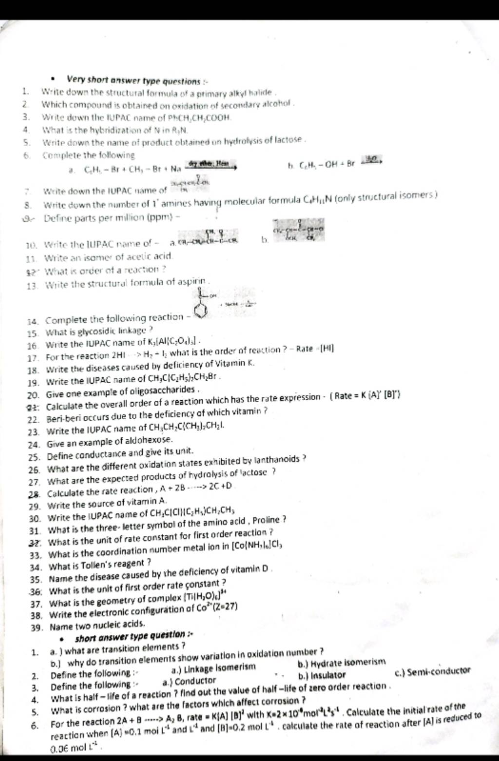 - Very short answer type questions :-1. Write down the structural formul..