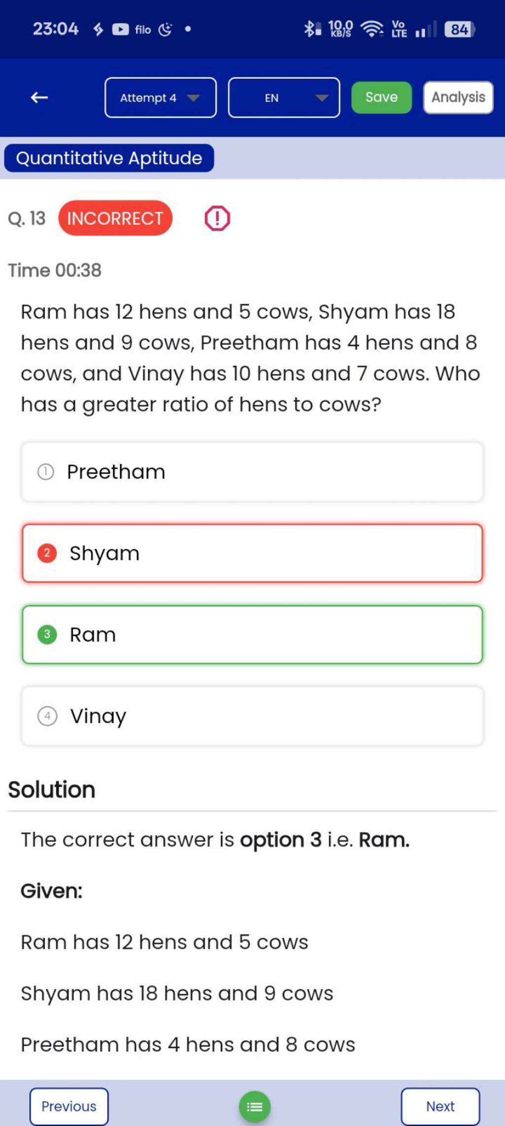 23:04 filo 10,0 Vo LTE 84 Attempt 4 EN Save Analysis Quantitative Aptitu..