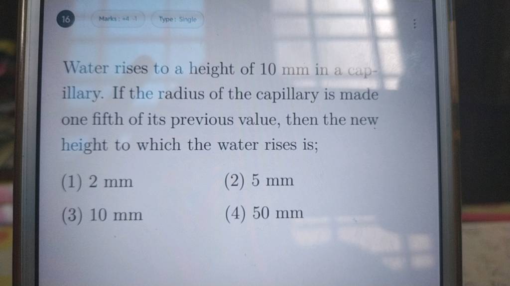 Water rises to a height of 10 mm in a capillary. If the radius of the cap..