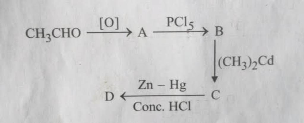 CH3CHO [0] A D PCl5 B Zn - Hg Conc. HCI (CH3)2 Co C | Filo