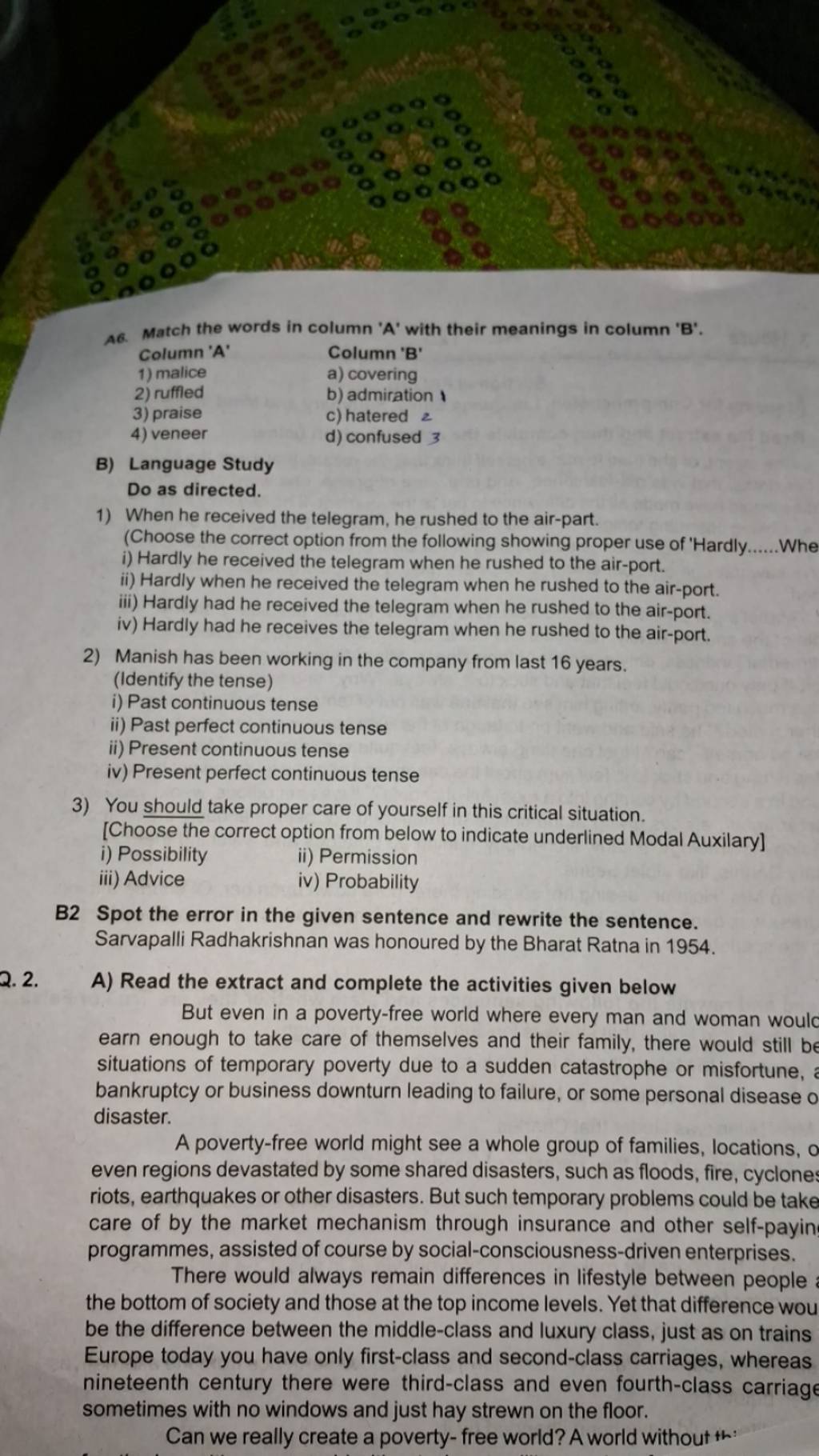 A6. Match the words in column ' A ' with their meanings in column ' B