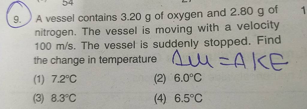 9. A vessel contains 3.20 g of oxygen and 2.80 g of nitrogen. The vessel