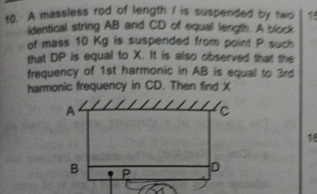 10. A massless rod of length I is suspended by two identical string AB an..