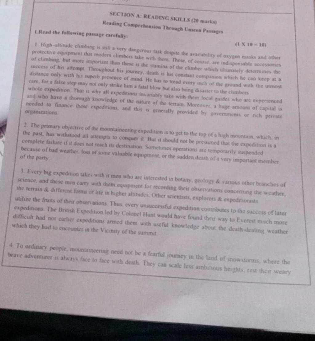 SECTION A: READING SKILIS (20 marks)Reading Comprehension Through Unseen..
