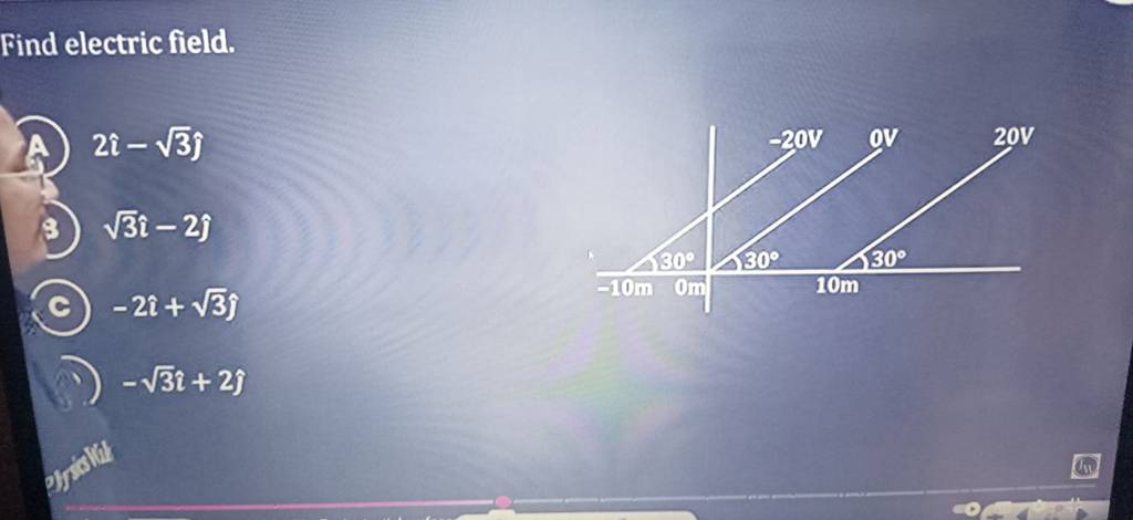 Find electric field. 2 ^−3 ^ (8) 3 ^−2 ^ (C) −2 ^+3 ^ 5) −3 i^+2j^