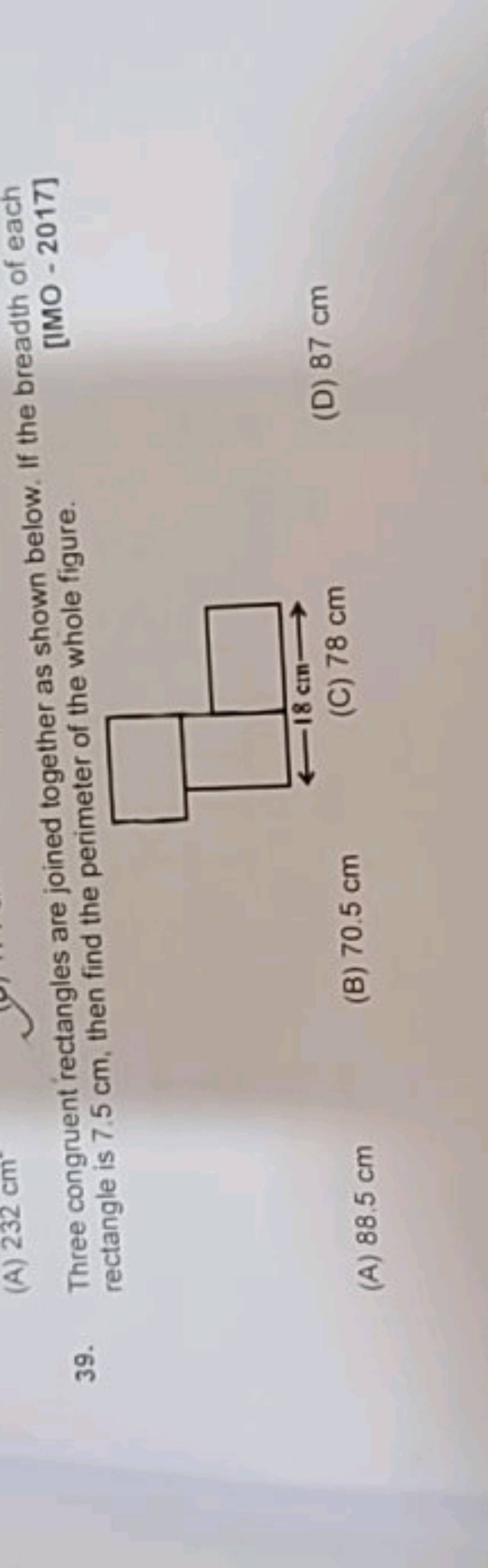 Three congruent rectangles are joined together as shown below. If the bre..