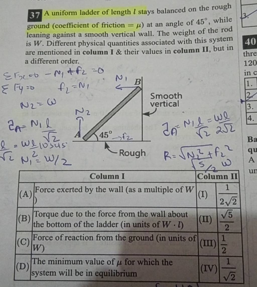 37 A uniform ladder of length l stays balanced on the rough ground (coeff..