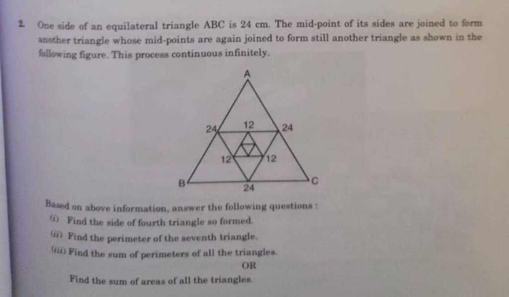 One side of an equilateral triangle ABC is 24 cm . The mid-point of its s..