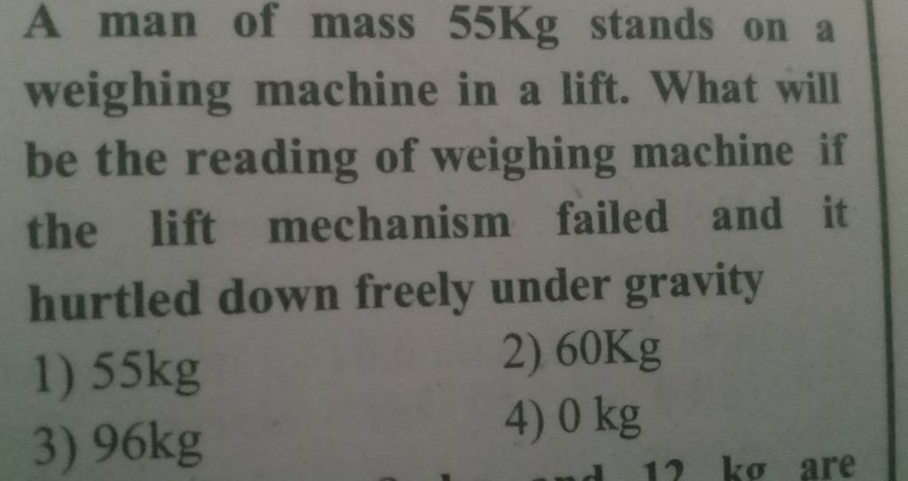 A man of mass 55 Kg stands on a weighing machine in a lift. What will be