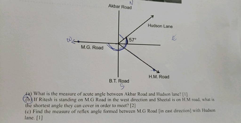 (a) What is the measure of acute angle between Akbar Road and Hudson lane..
