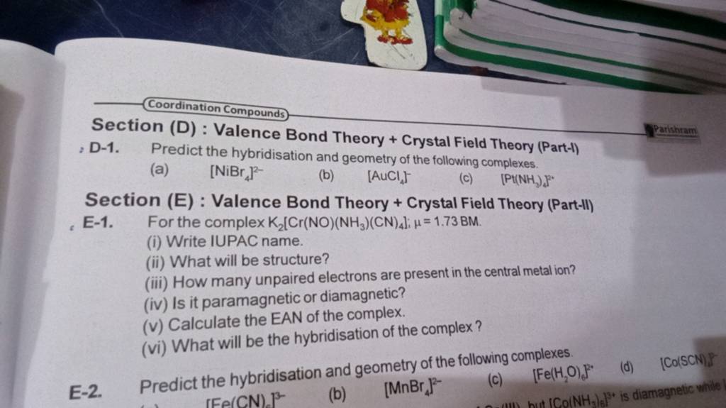Coordination CompoundsSection (D) : Valence Bond Theory + Crystal Field..