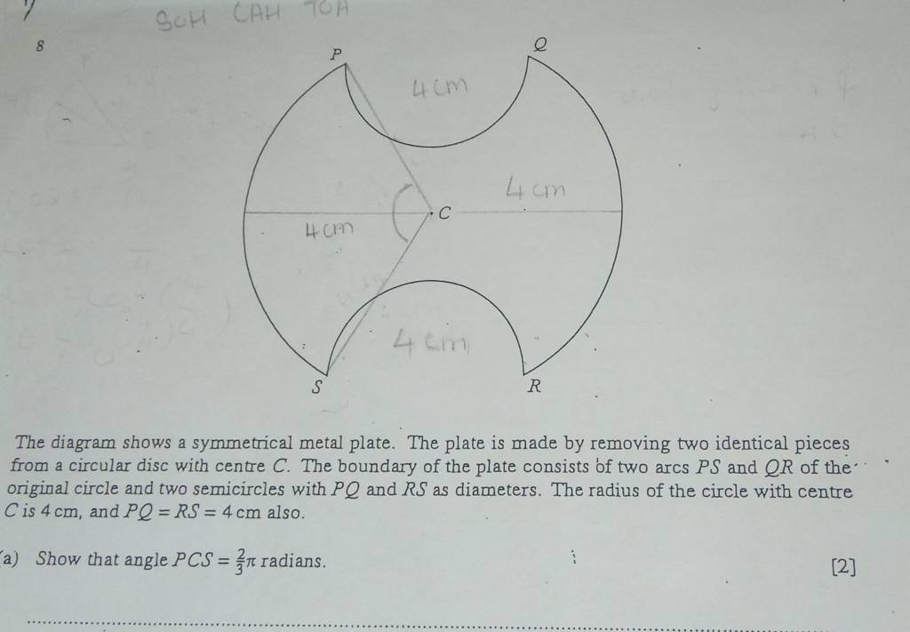 8The diagram shows a symmetrical metal plate. The plate is made by remov..