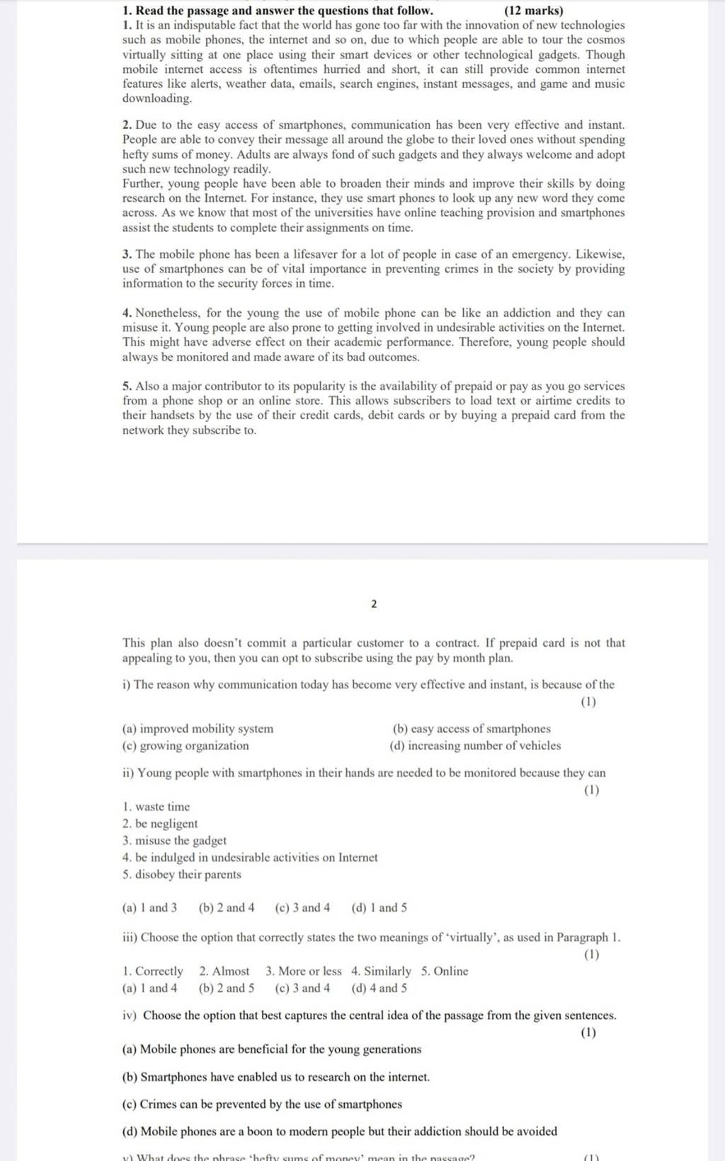 1. Read the passage and answer the questions that follow.(12 marks)1. I..
