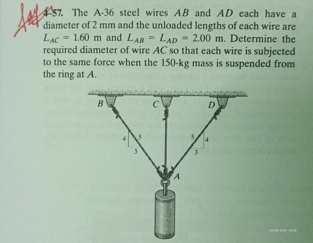 The A-36 steel wires A B and A D each have a diameter of 2 mm and the unl..