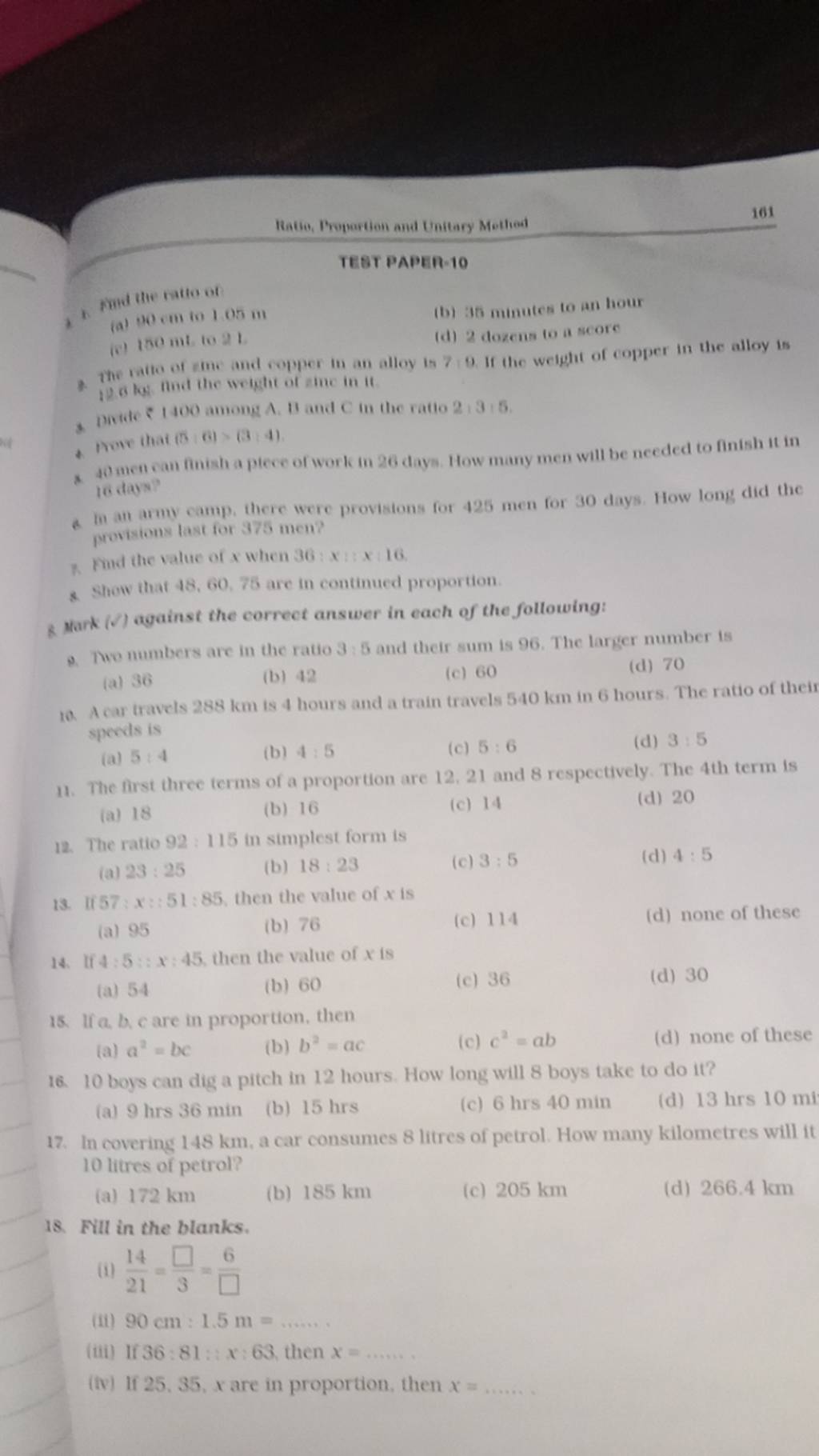 Hatio, Fropurtion and Unitary Mothed 161 TEST PAPER- 10 \& Fond the catto..