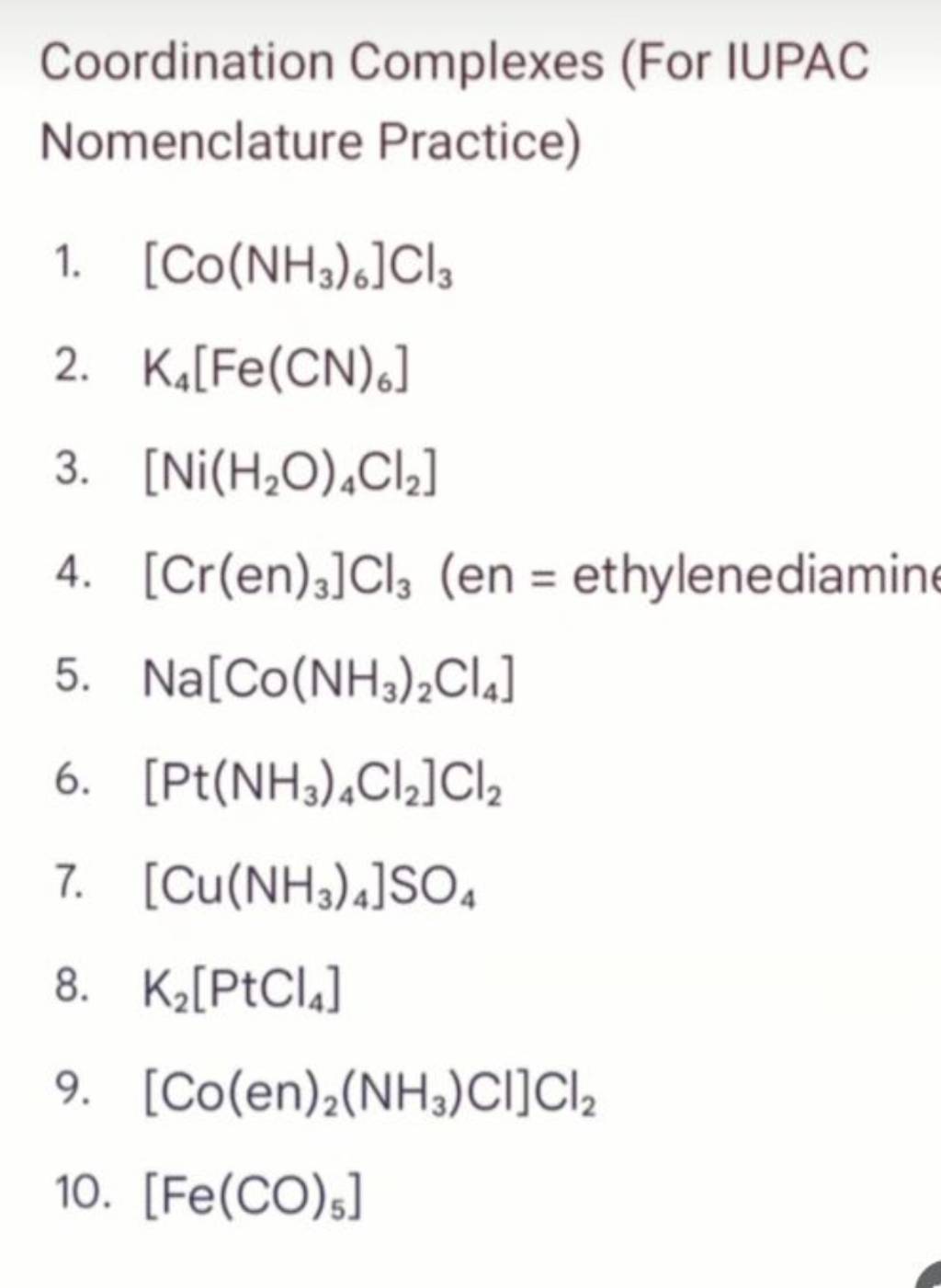 Coordination Complexes (For IUPAC Nomenclature Practice) | Filo