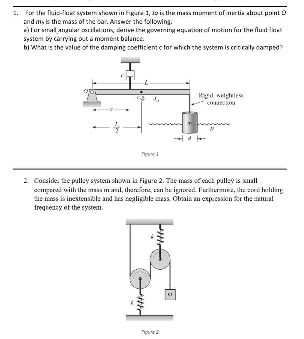 For the fluid-float system shown in Figure 1, Jo is the mass moment of in..